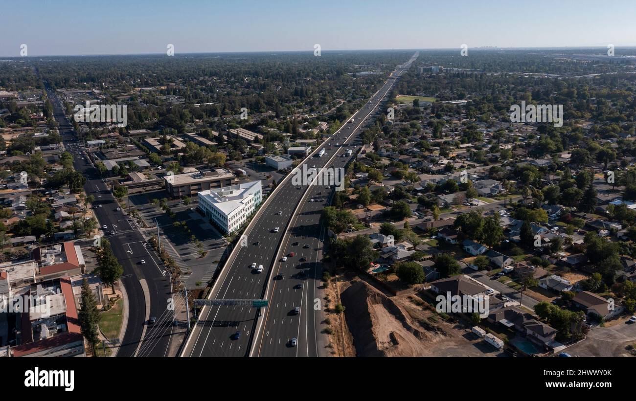 Late afternoon aerial view of the urban downtown core of Roseville ...