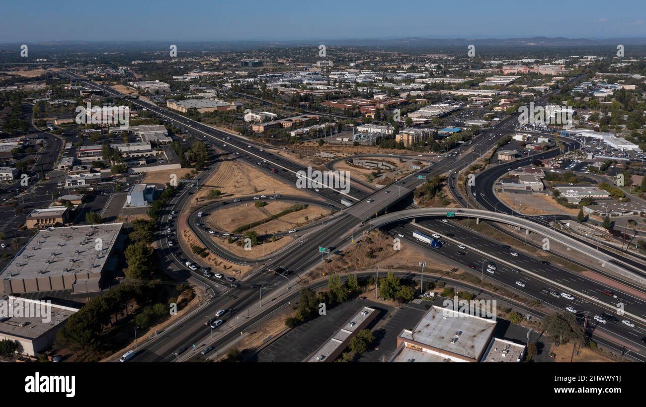Late afternoon aerial view of the urban downtown core of Roseville ...