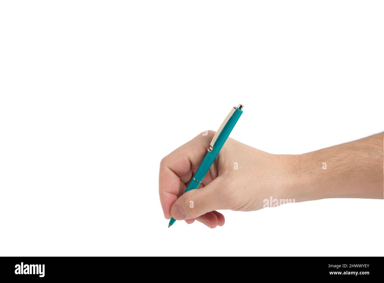 Hand with green ballpoint pen while writing white background Stock ...