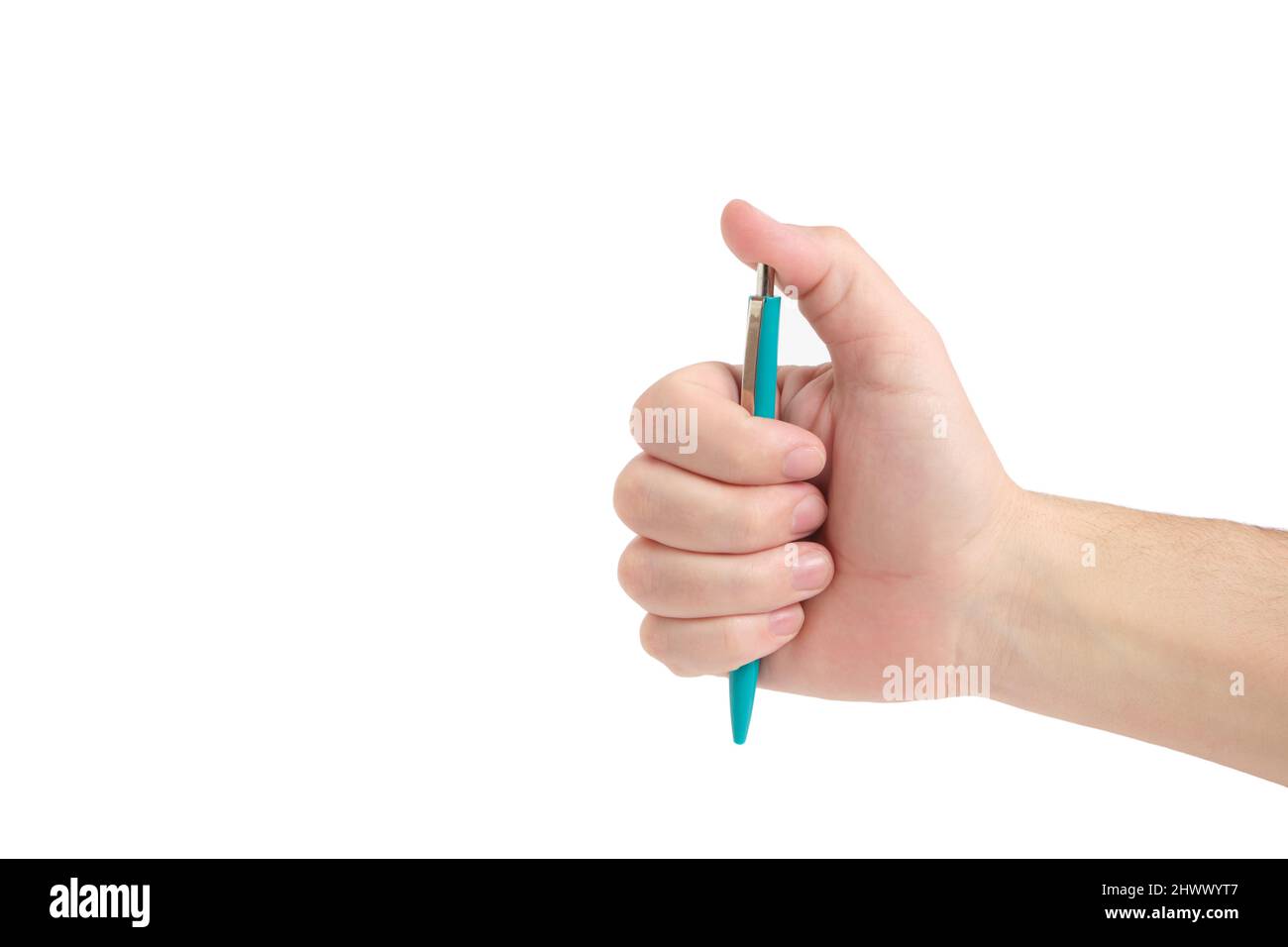 Pressing mechanical button ballpoint pen with your thumb, on white ...