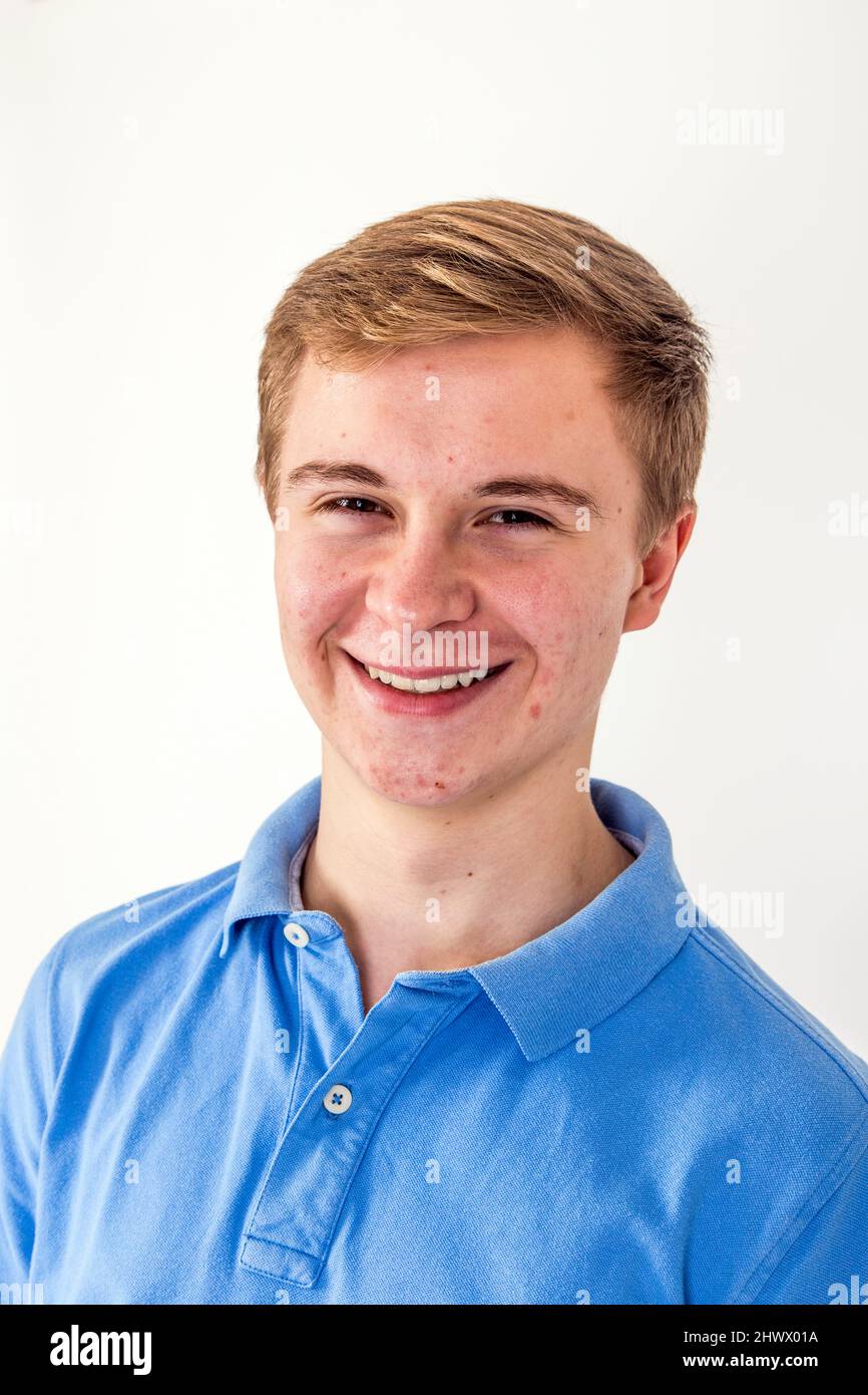 teenager boy of 16 years of European appearance feels joy, portrait ...