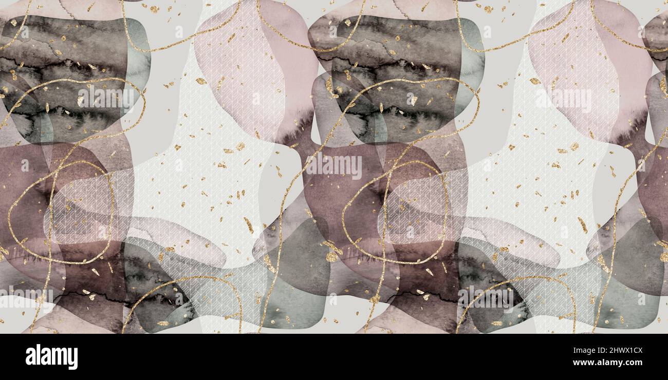 Seamless watercolor abstract organic blob shape overlay w gold lines ...
