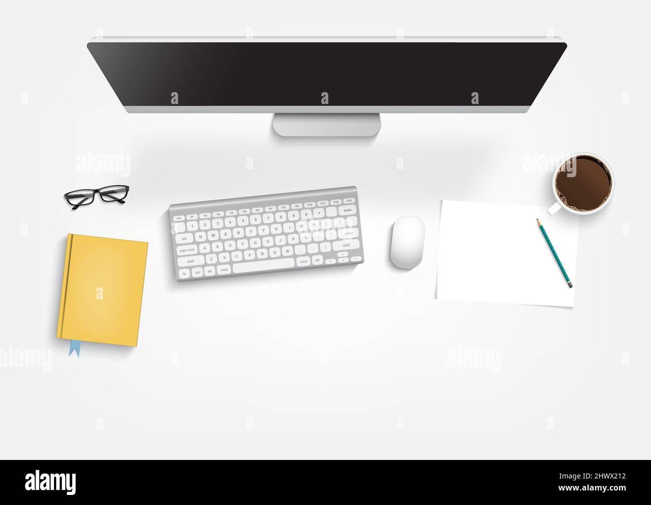 Top view of workplace background, monitor, keyboard, notebook, phone ...