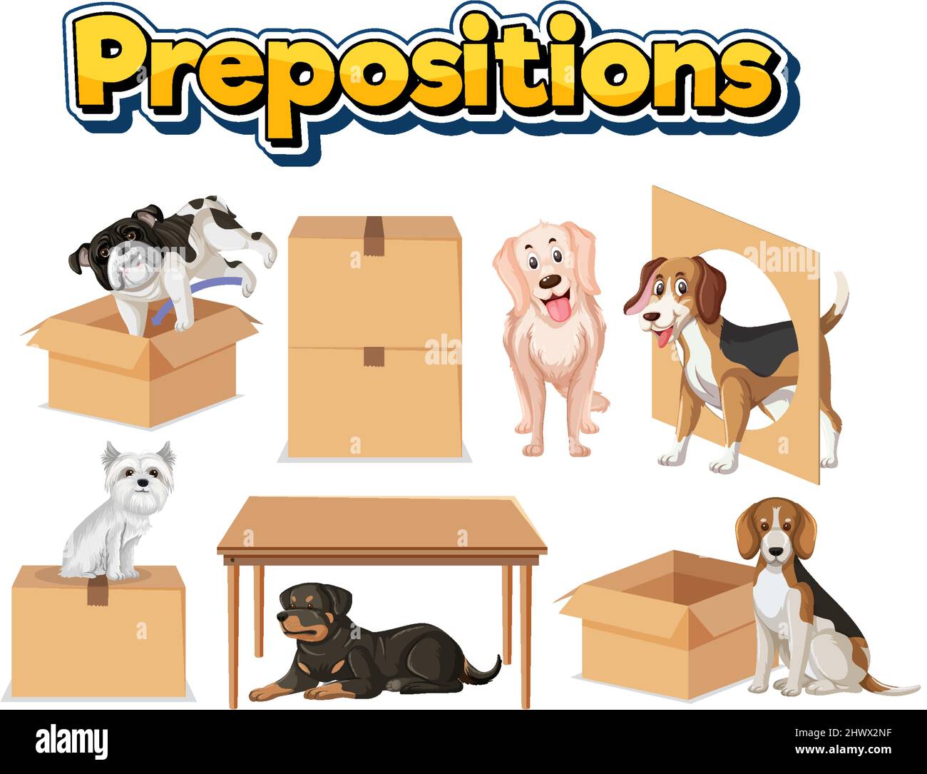Prepostion wordcard design with dog and boxes illustration Stock Vector ...