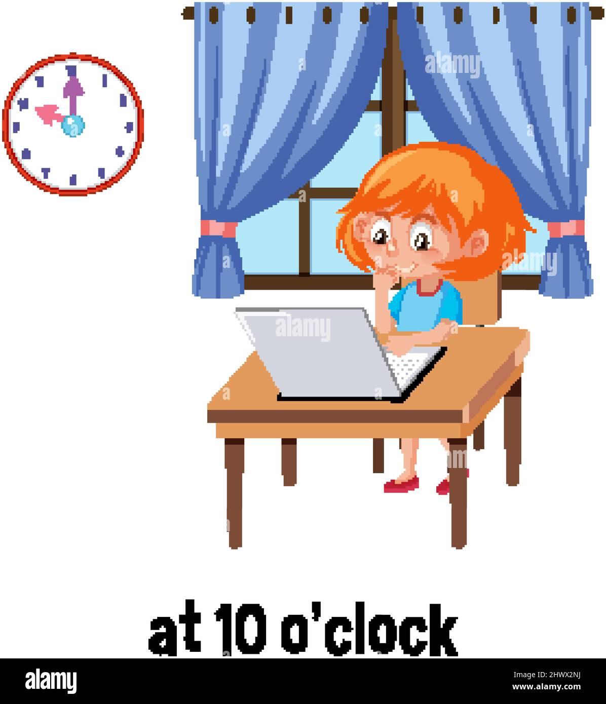 English prepositions of time with kid and clock illustration Stock ...