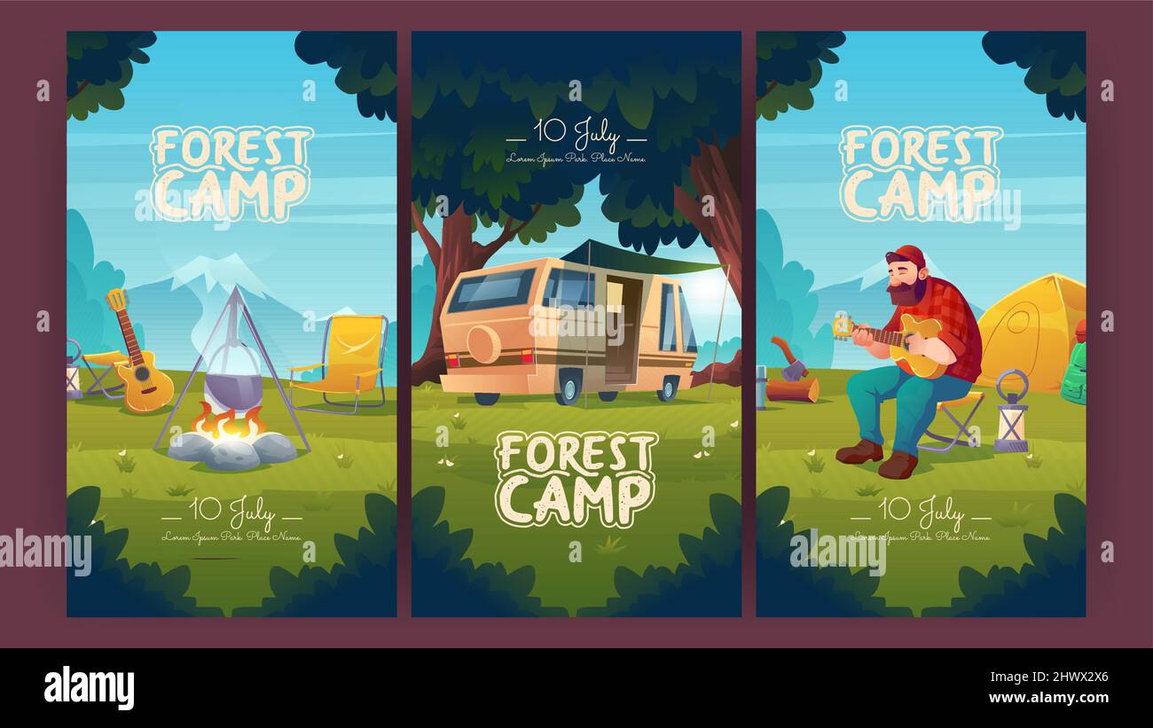Forest camp cartoon invitation posters. Man tourist playing guitar on ...
