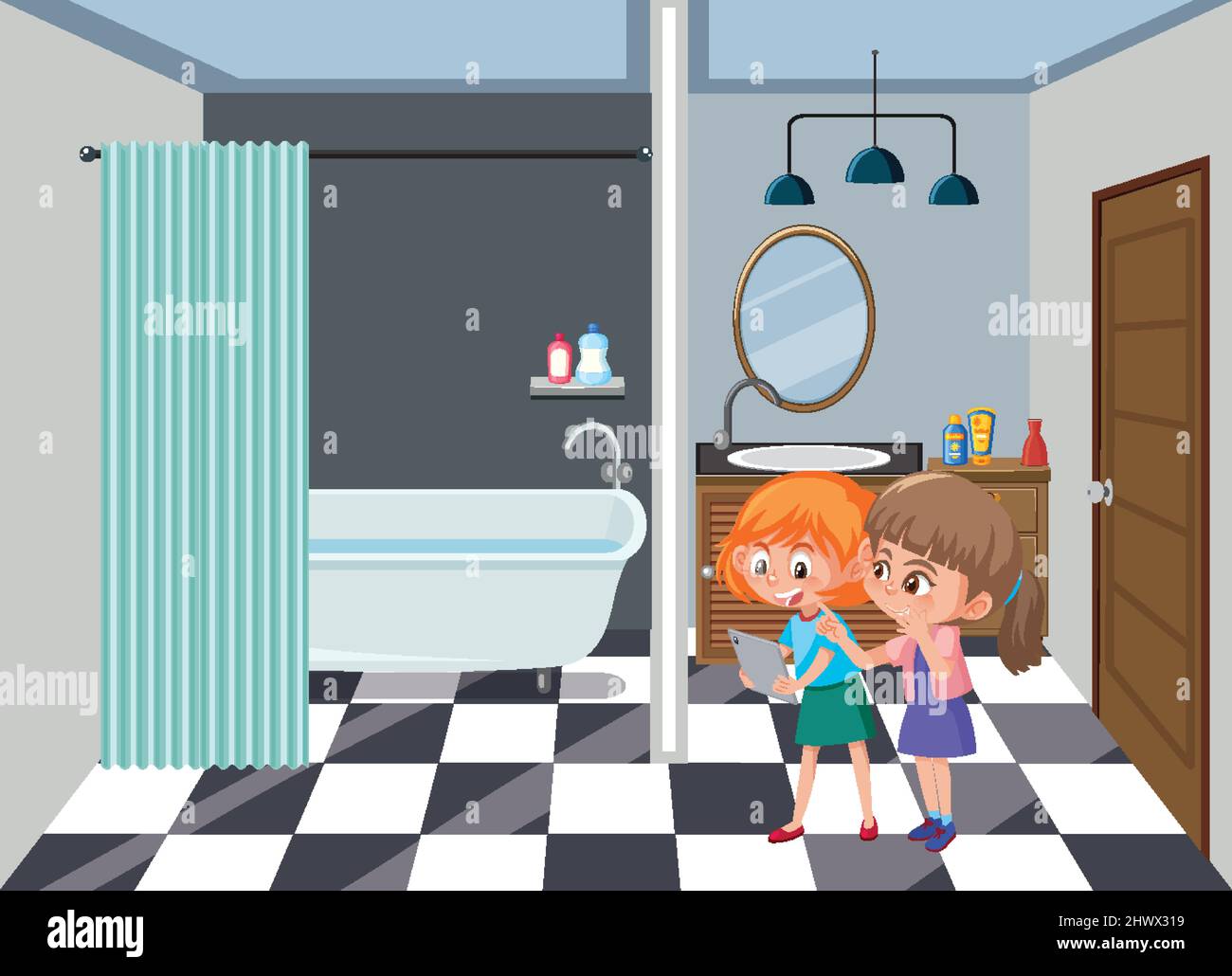 Bathroom scene with family members cartoon character illustration Stock ...