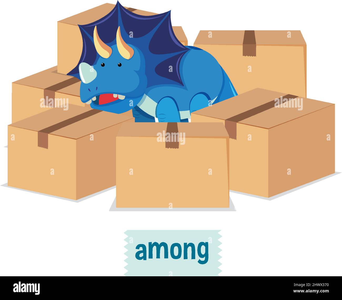 Preposition of place with cartoon dinosaur and boxes illustration Stock ...