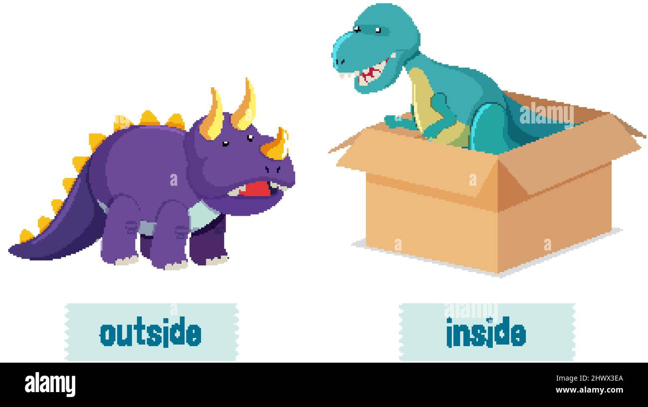 English prepositions with dinosaurs in and out of boxes illustration ...