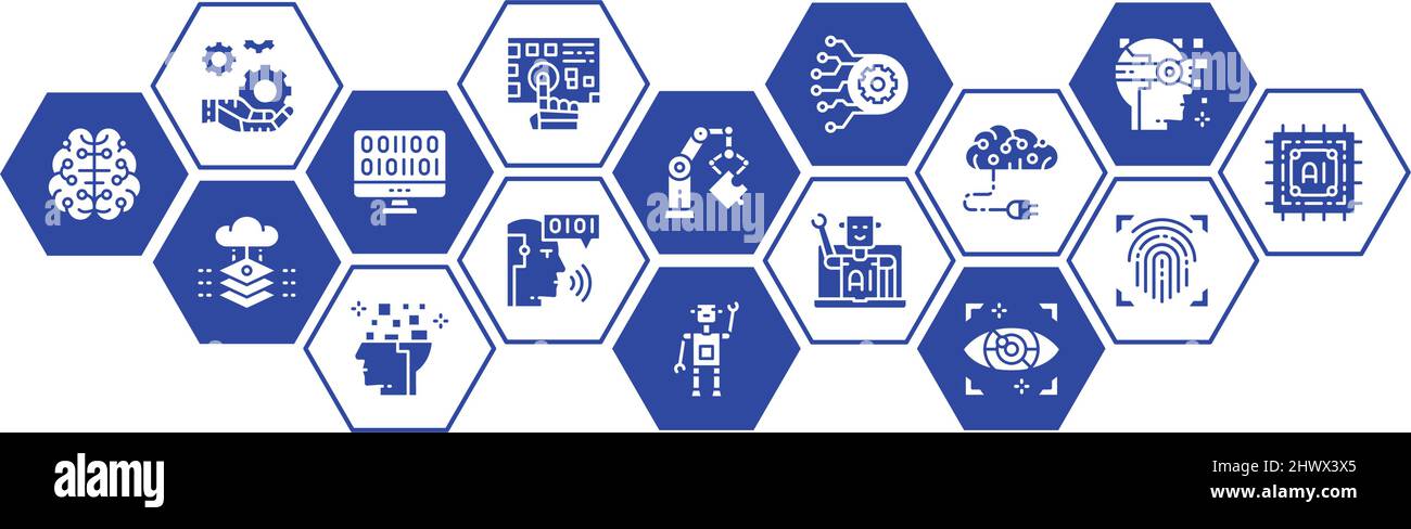 Artificial Intelligence flat banner with line icons. Robotics, Chatbot, Database, Big Data ...