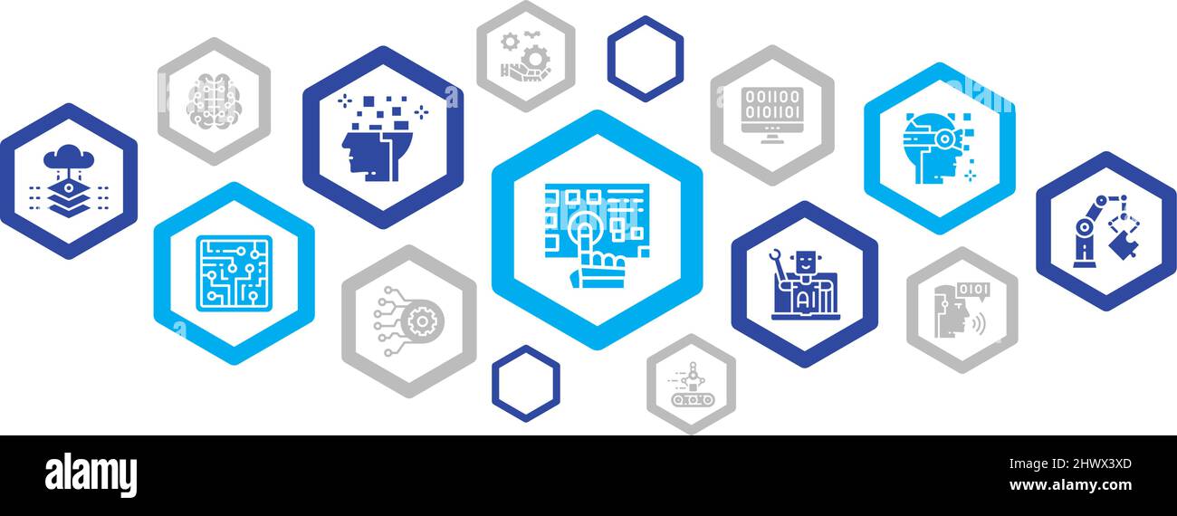Artificial Intelligence color icon banner design. Robotics, Chatbot, Database, Big Data flat ...