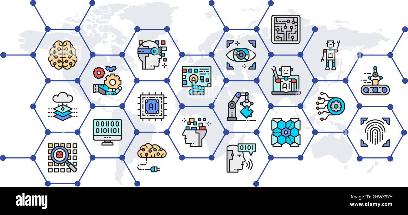 Artificial Intelligence presentation banner with colored icons. Robotics, Chatbot, Database, Big ...