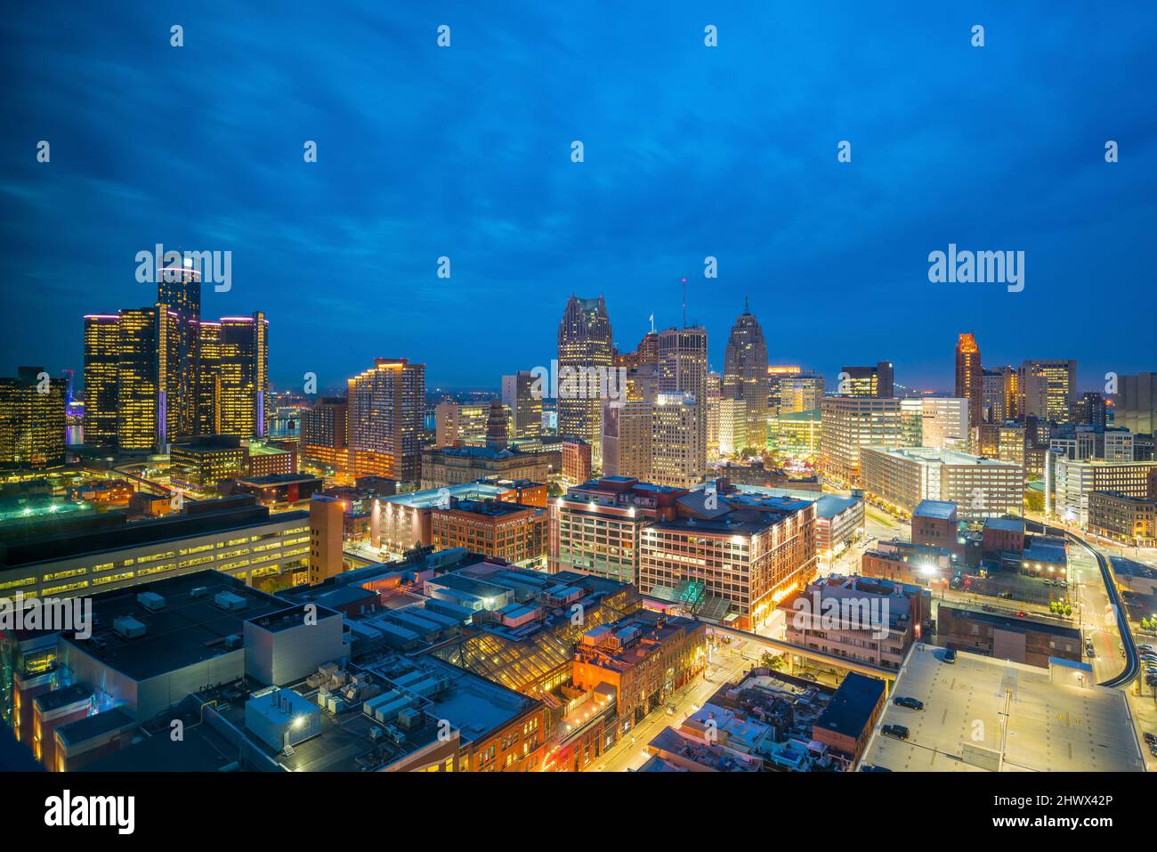 Aerial view of downtown Detroit at twilight in Michigan USA Stock Photo ...