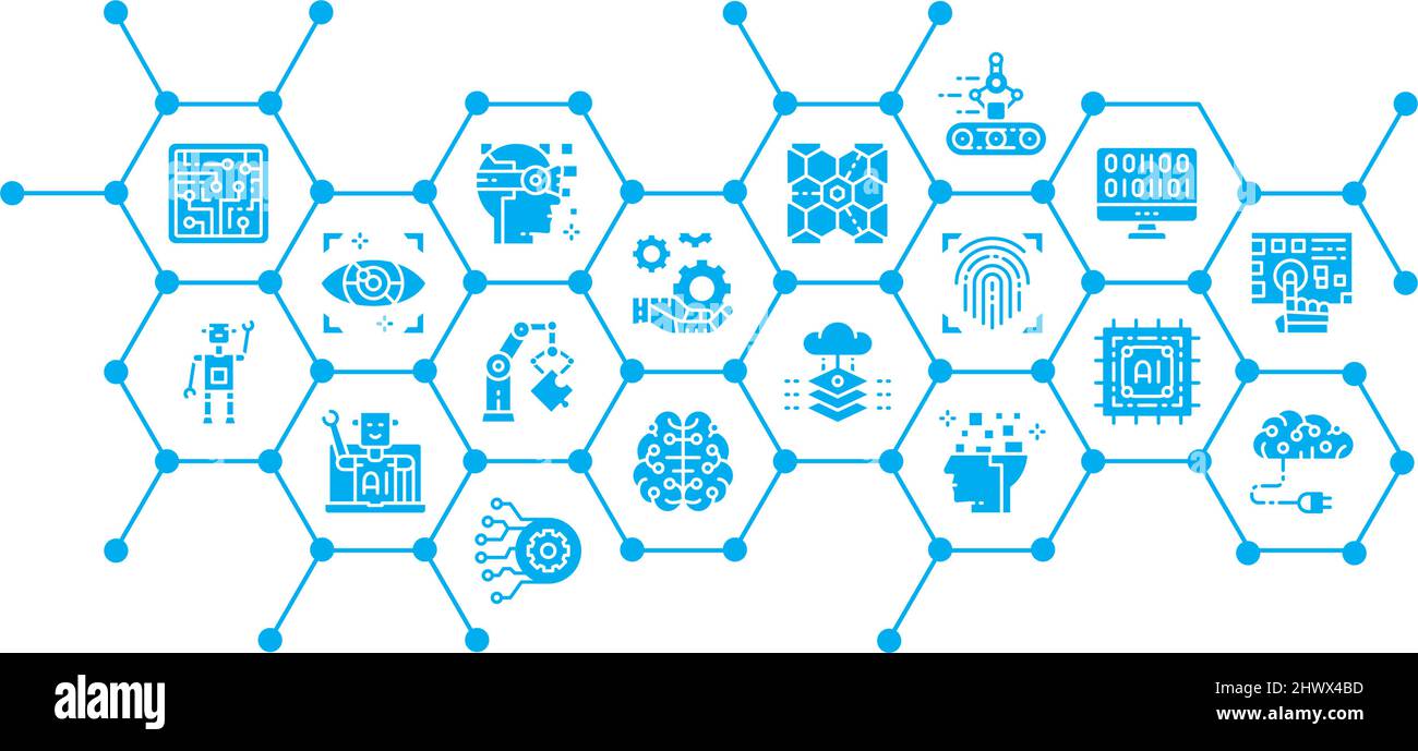 Artificial Intelligence icon banner concept. Robotics, Chatbot, Database, Big Data vector ...