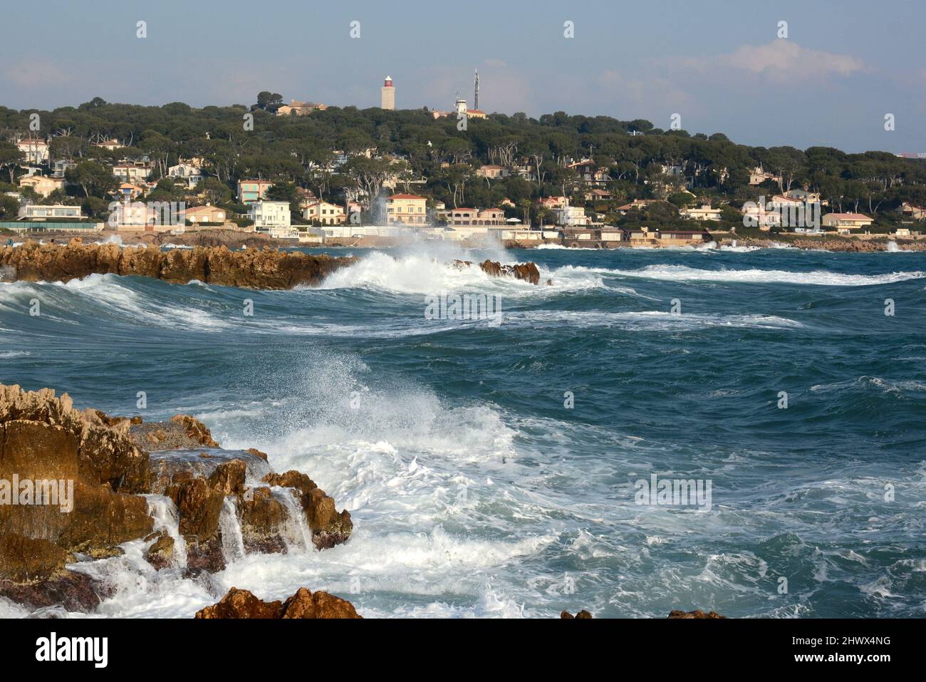 France, french riviera, Cap d'Antibes, by a strong east wind powerful ...