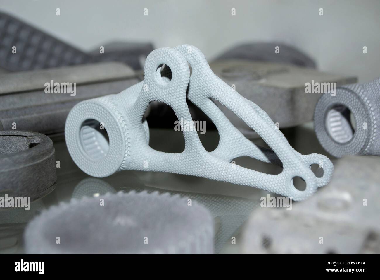 Gray abstract model object printed on 3d printer from powder close-up ...