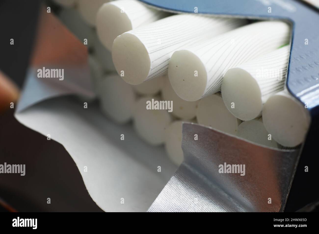 Tobacco smoking. Cigarettes in pack. Harmful deadly habit of smoking ...