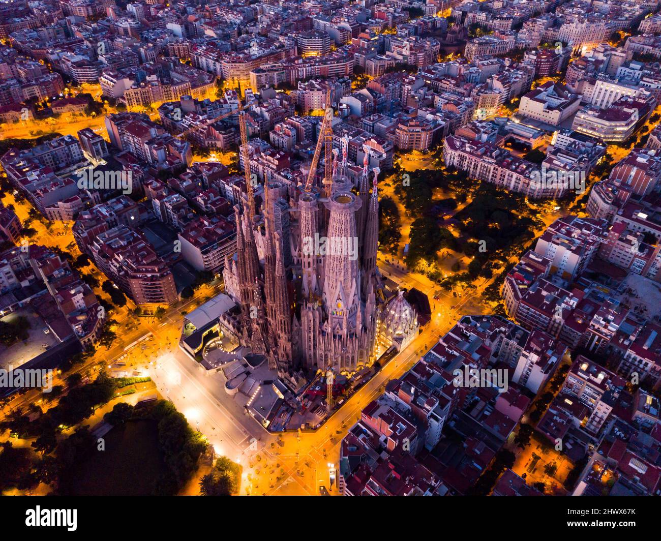 Aerial panorama view of Barcelona city skyline and Sagrada familia at ...
