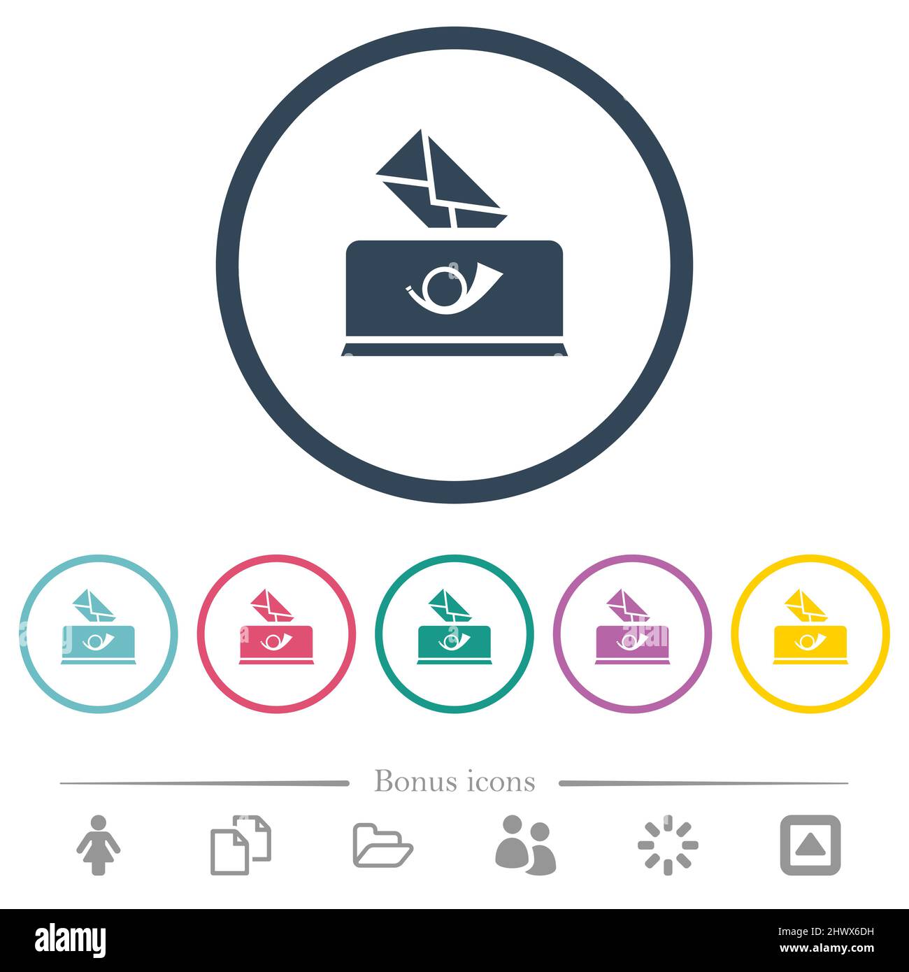 Sending mail solid flat color icons in round outlines. 6 bonus icons ...
