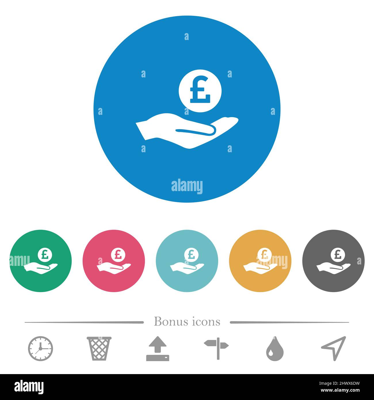 Pound earnings flat white icons on round color backgrounds. 6 bonus ...