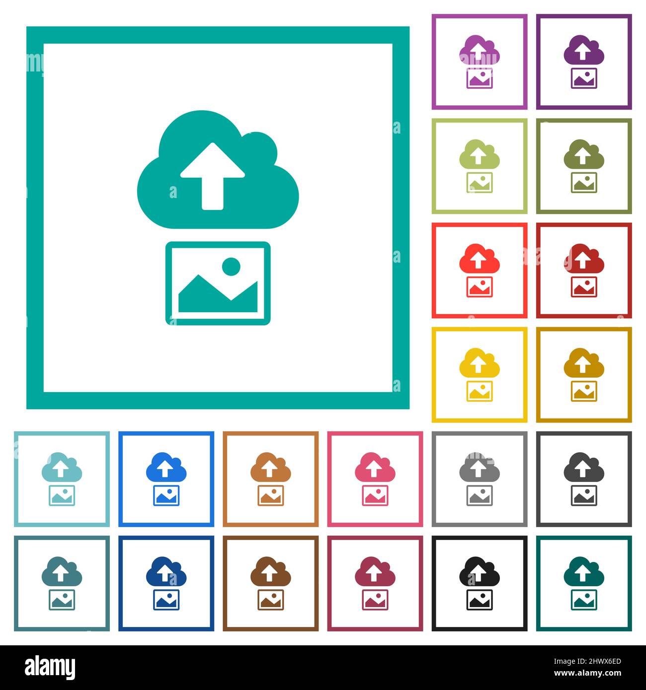 Upload image to cloud solid flat color icons with quadrant frames on ...