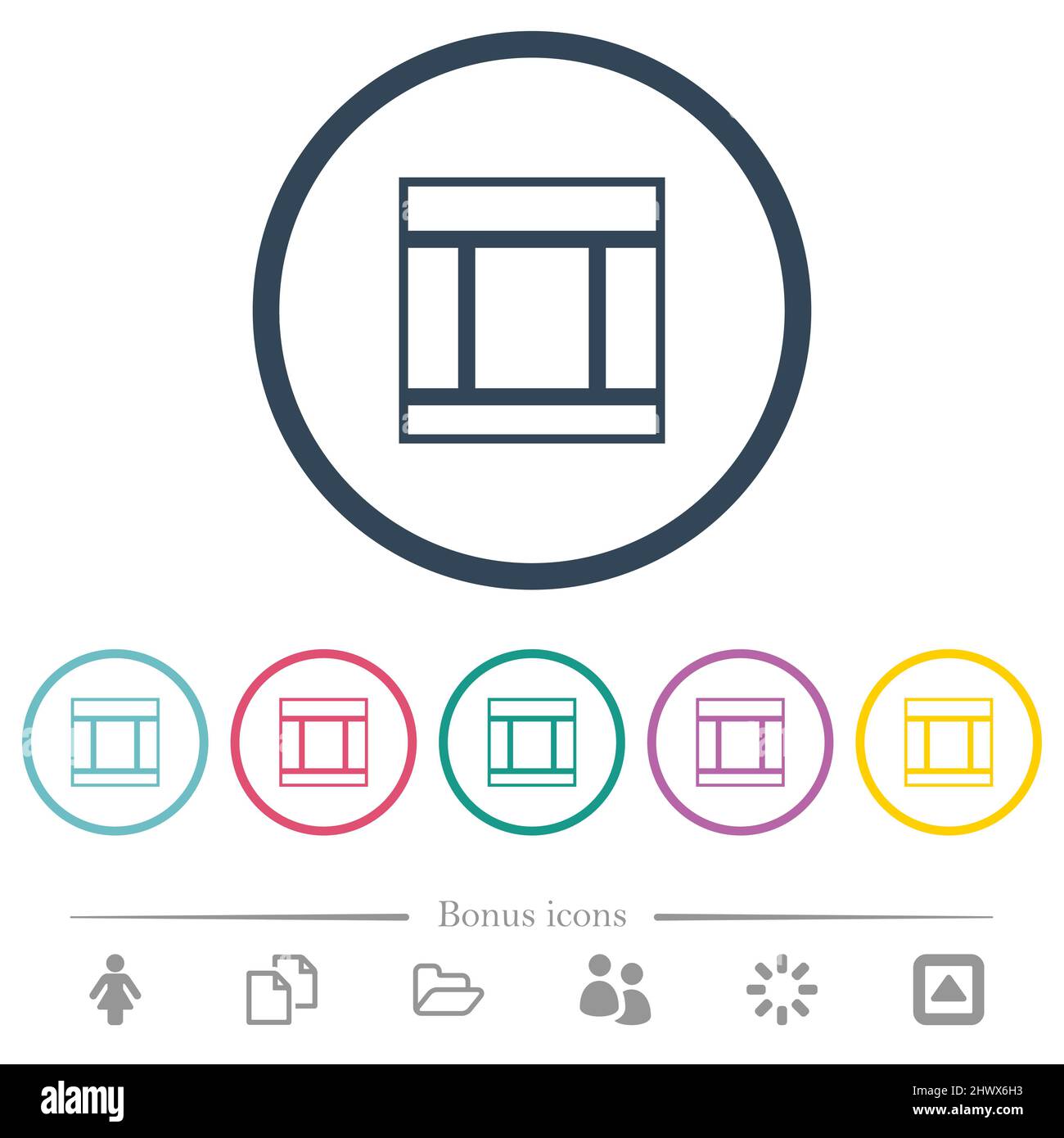 Three columned web layout outline flat color icons in round outlines. 6 ...