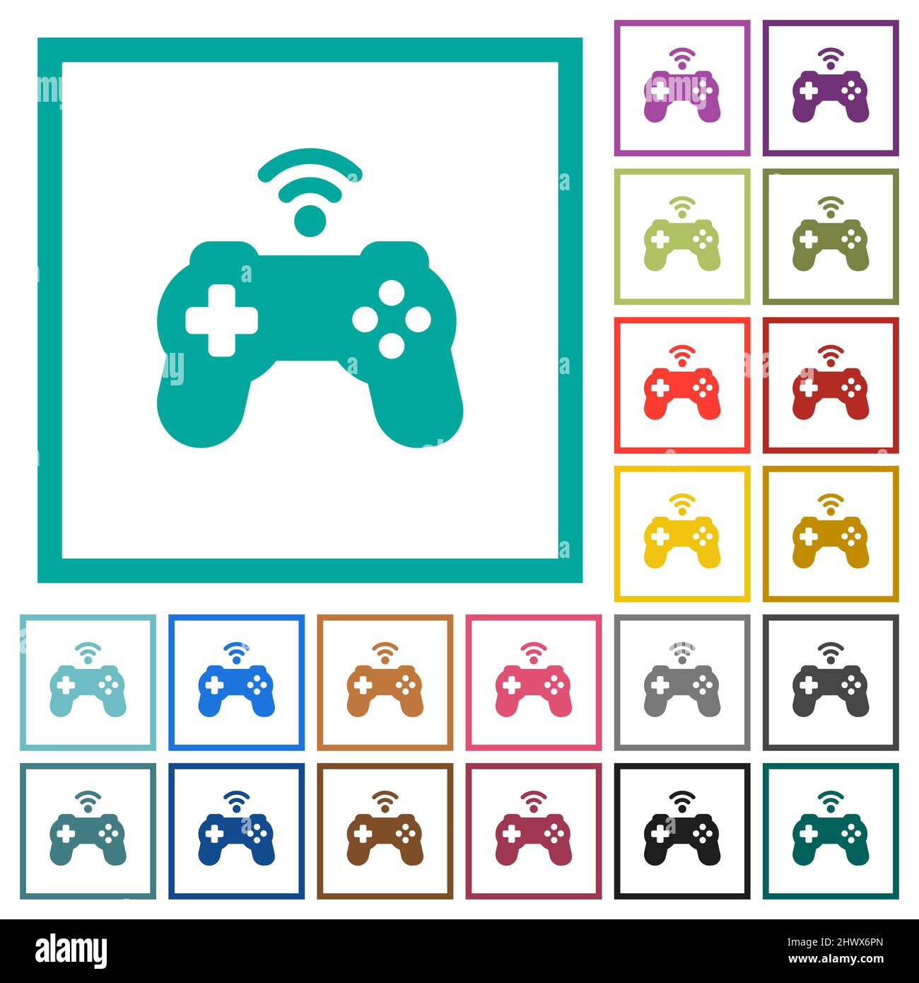 Wireless game controller solid flat color icons with quadrant frames on ...