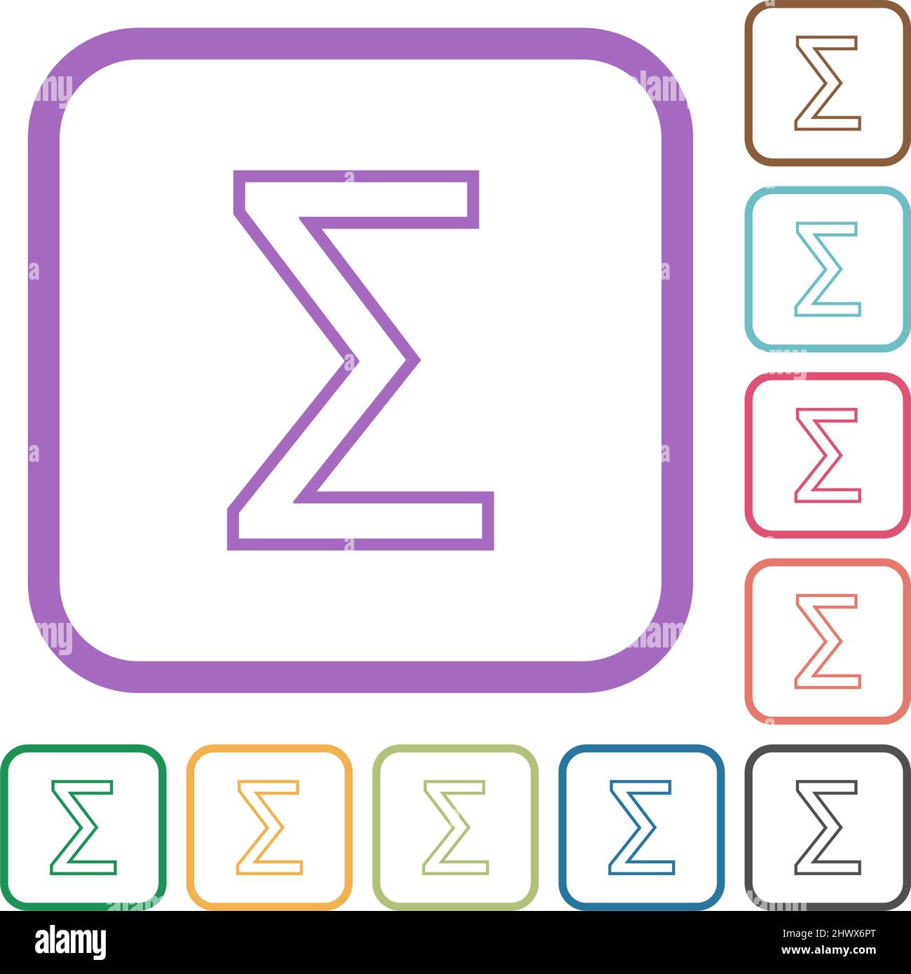 Sum symbol outline simple icons in color rounded square frames on white ...