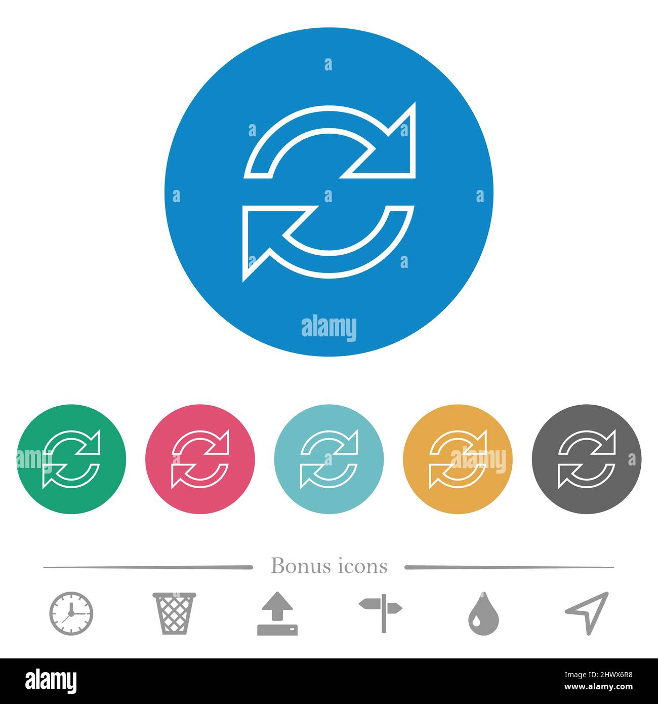Refresh arrows outline flat white icons on round color backgrounds. 6 ...