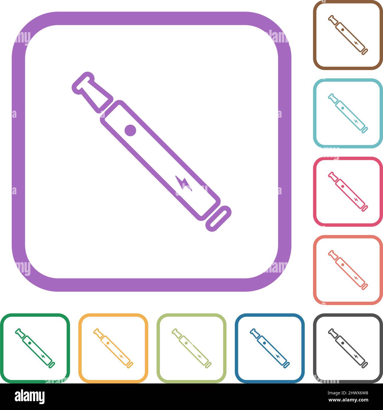 Electronic cigarette outline simple icons in color rounded square frames on white background ...