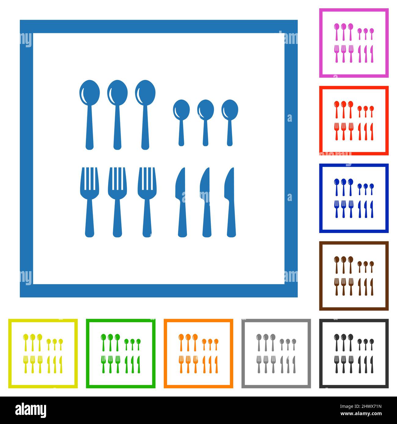 Flatware box flat color icons in square frames on white background ...