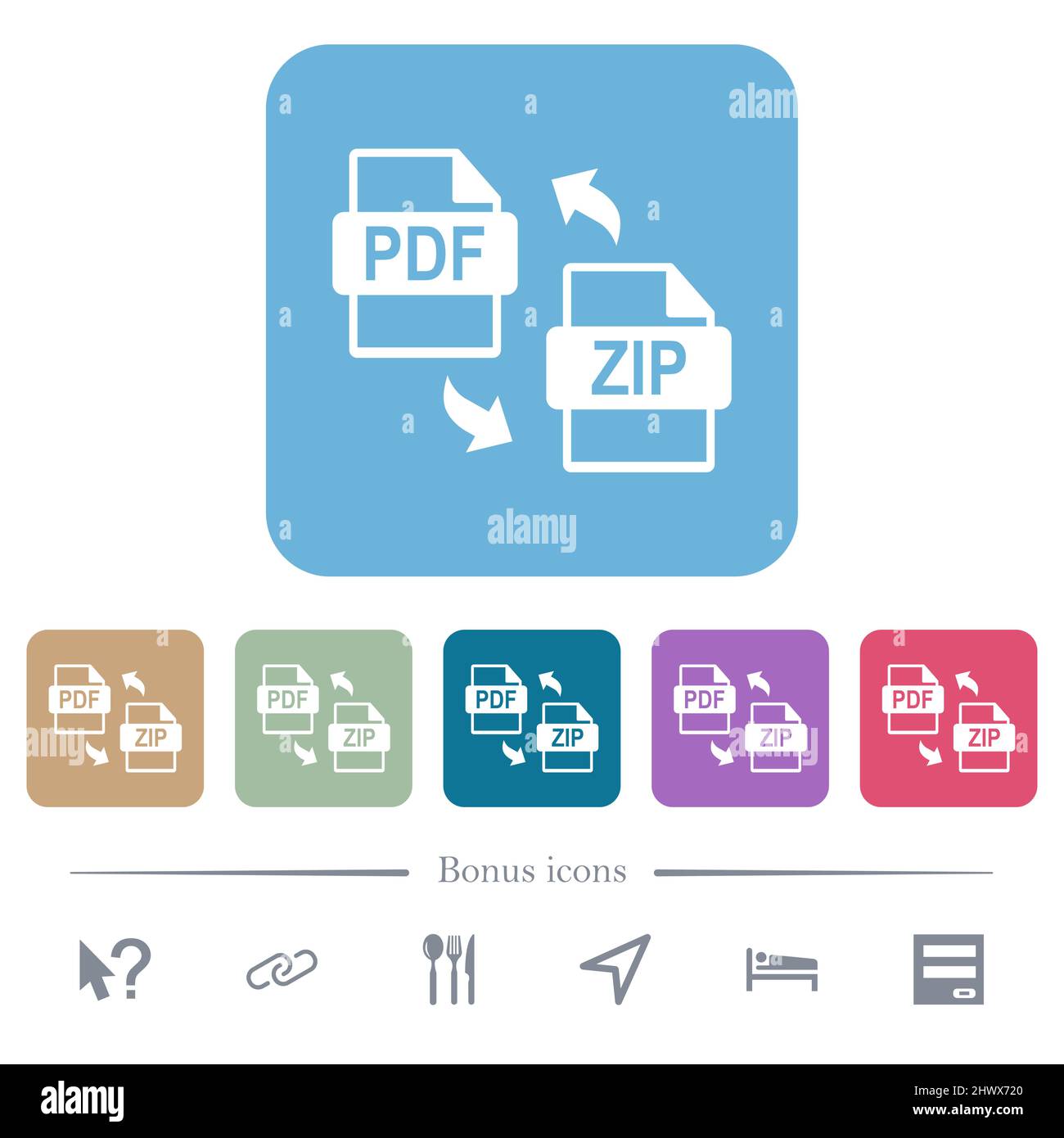 PDF ZIP file compression white flat icons on color rounded square ...