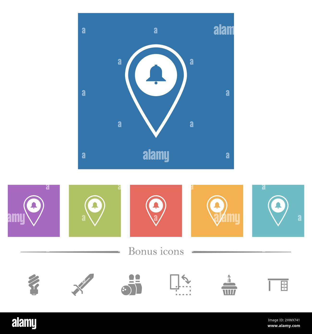 GPS location alarm flat white icons in square backgrounds. 6 bonus ...