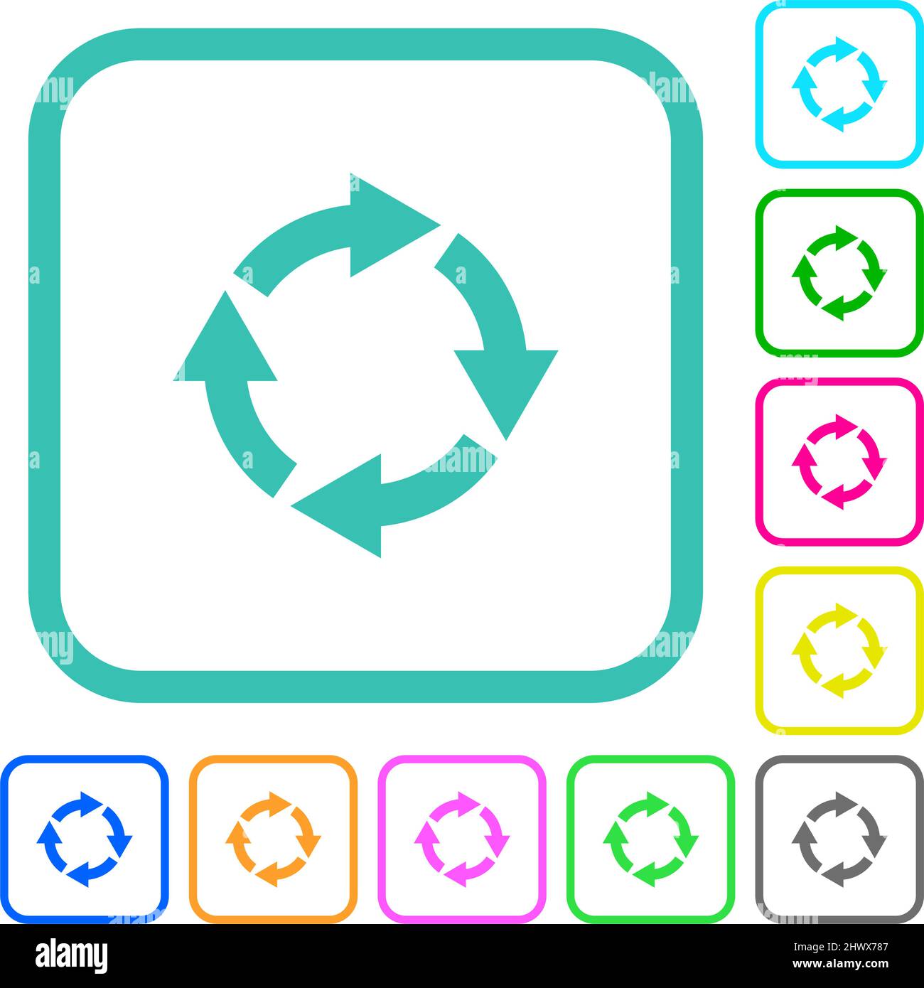 Rotate right vivid colored flat icons in curved borders on white ...