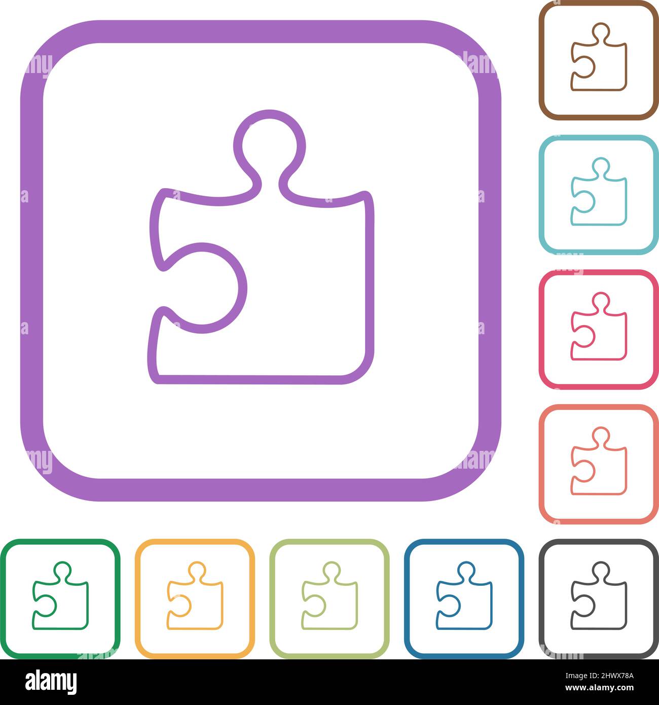 Single puzzle piece outline simple icons in color rounded square frames ...
