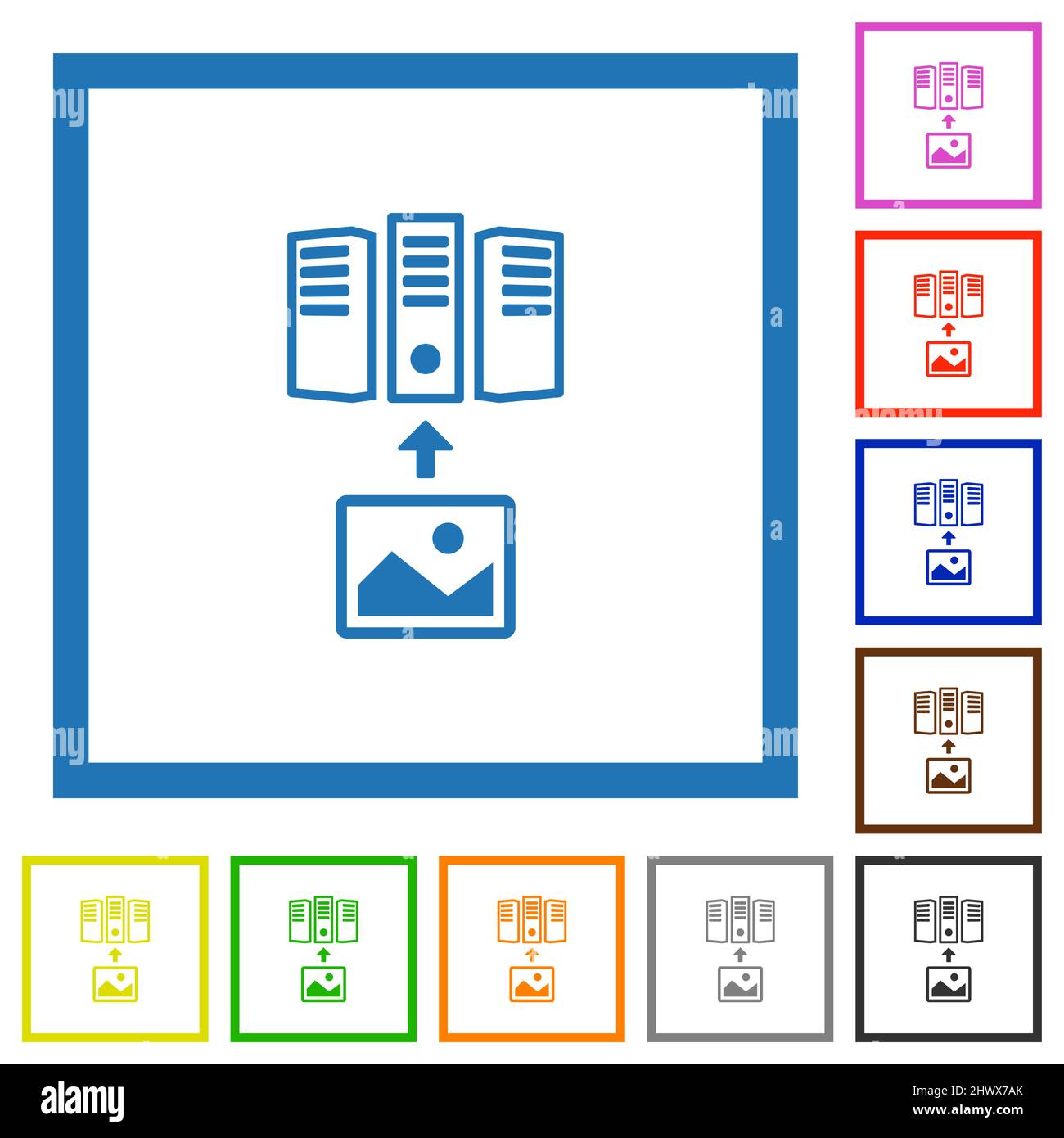 Upload image to server outline flat color icons in square frames on white background Stock ...