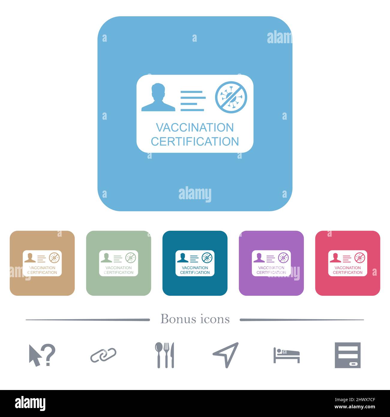 Vaccination certification white flat icons on color rounded square ...