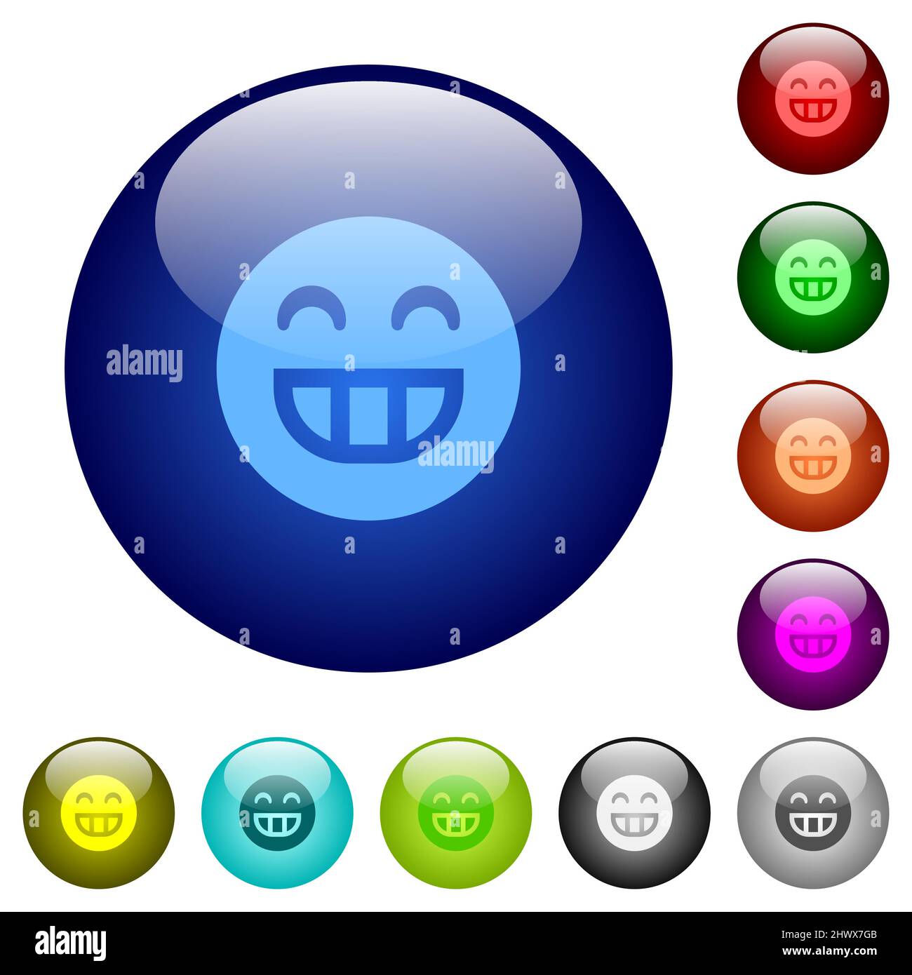 Laughing emoticon solid icons on round glass buttons in multiple colors ...