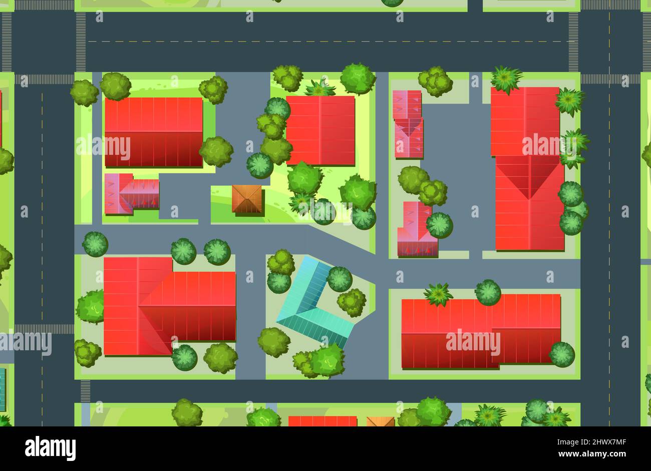 Small quarter. Streets of city. Top View from above. Small town house ...