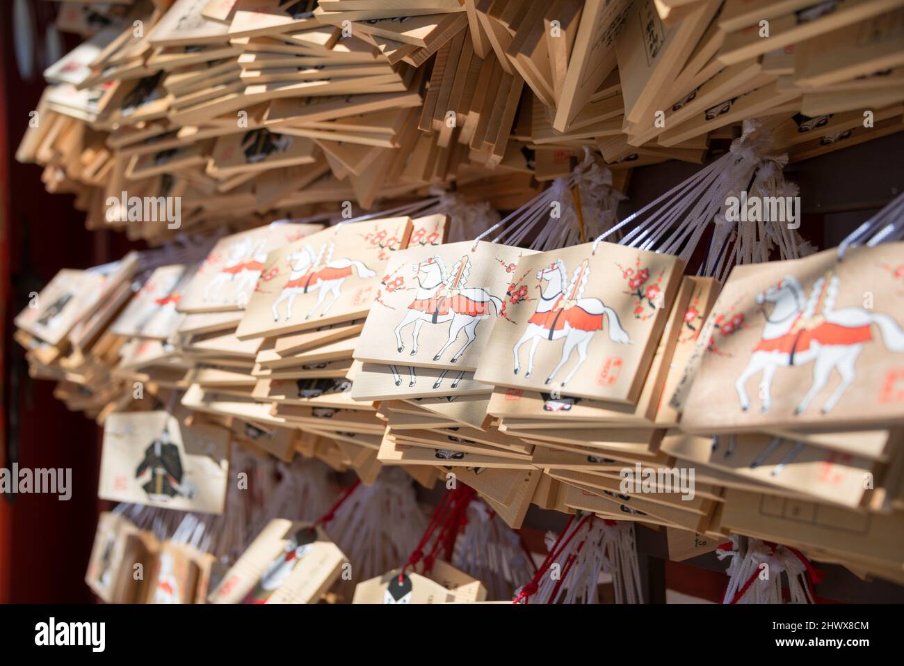 KAMAKURA, JAPAN - Ema praying tablets at Egara Tenjin Shrine. Ema are ...