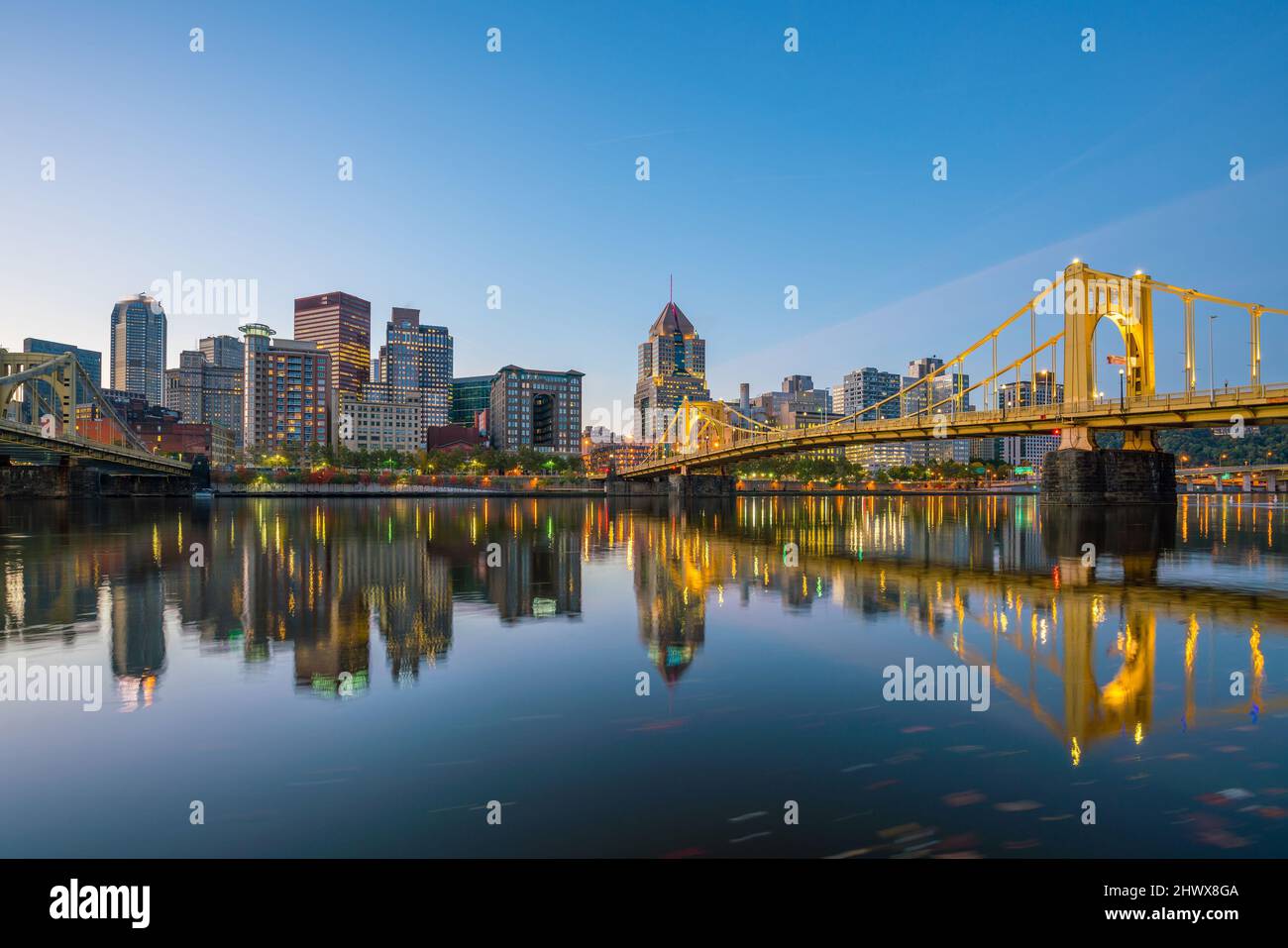 Panorama of downtown Pittsburgh skyline at twilight Stock Photo - Alamy