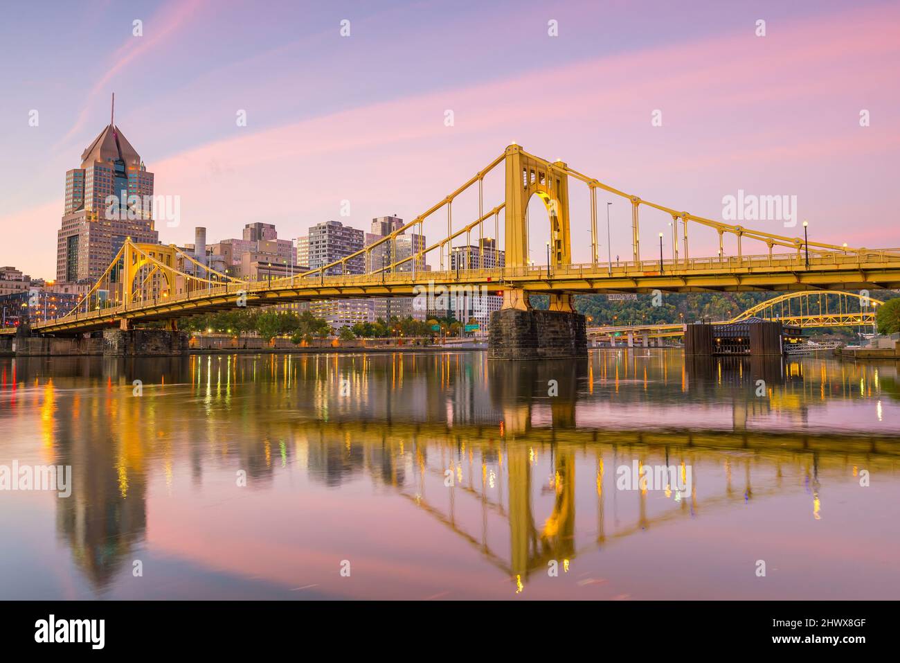 Panorama of downtown Pittsburgh skyline at twilight Stock Photo - Alamy