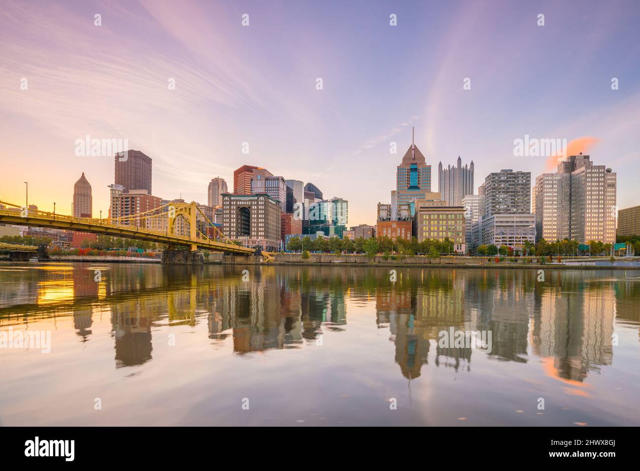 Panorama of downtown Pittsburgh skyline at twilight Stock Photo - Alamy