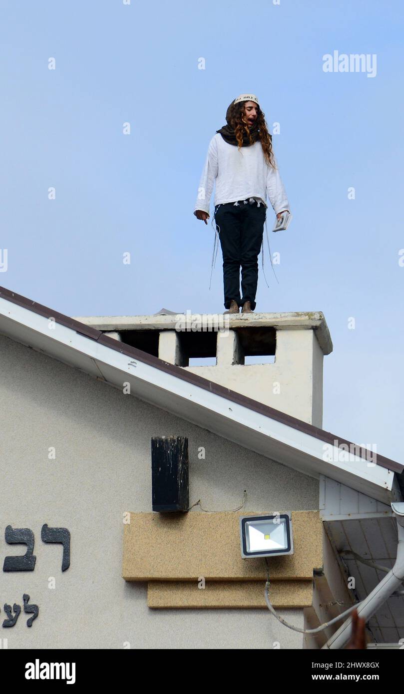 A young Jewish Breslov devotee praying on top of the tomb praying hall ...