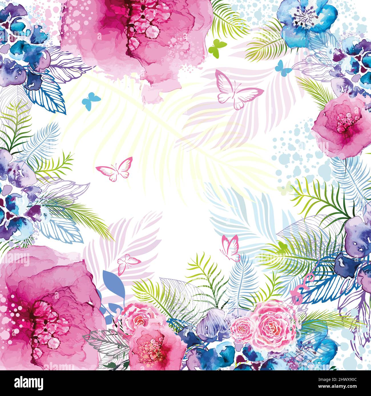 Colorful frame border with different blooming meadow flowers. Natural ...