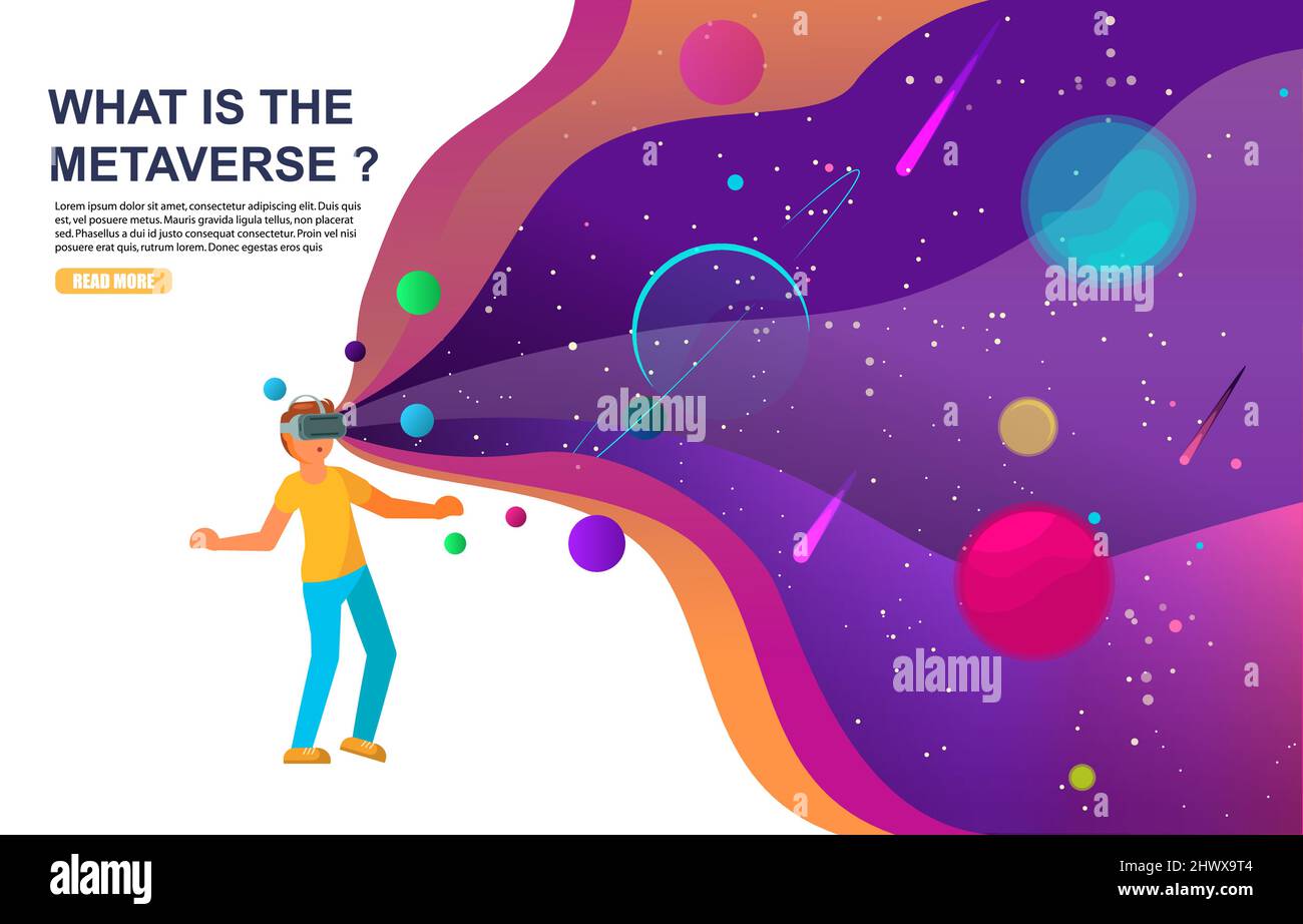 Metaverse or virtual world. Boy in VR glasses interacting with virtual ...