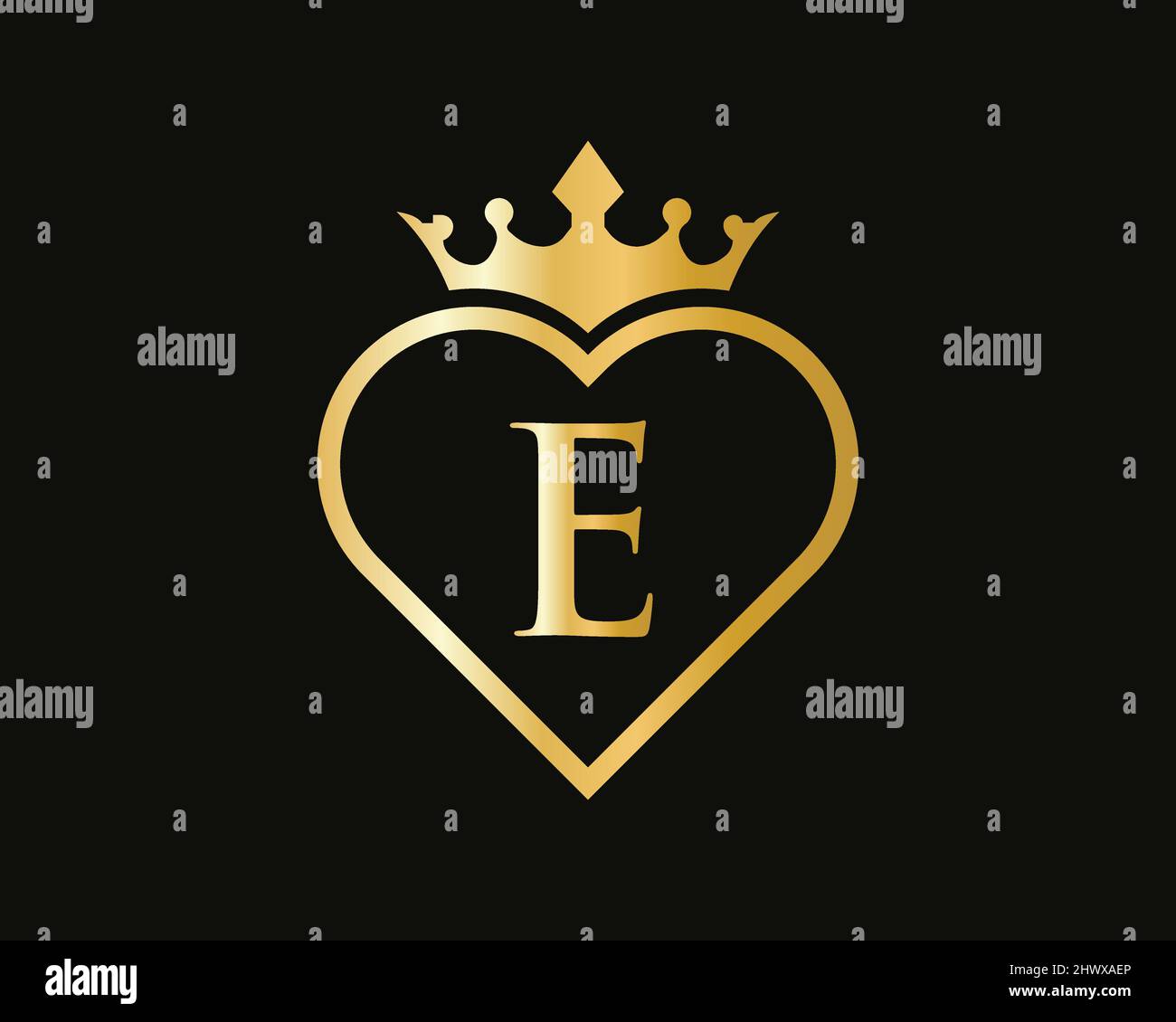 E Logo With Crown and Love Shape. Heart Letter E Logo Design, Gold ...