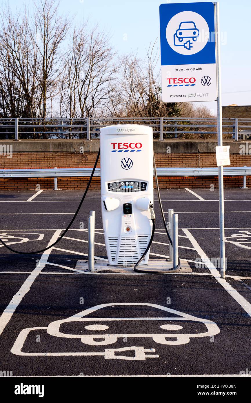 Tesco Pod Point signage for the charging of electric vehicles in Hayes ...