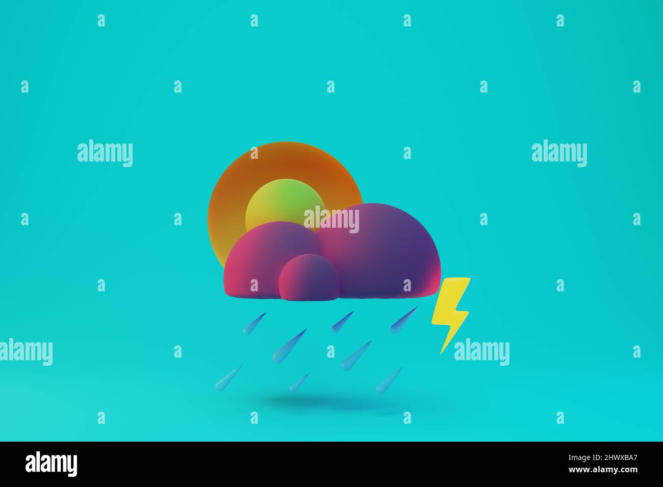 stormy rainy weather icon in 3d illustration render with thunder sign ...