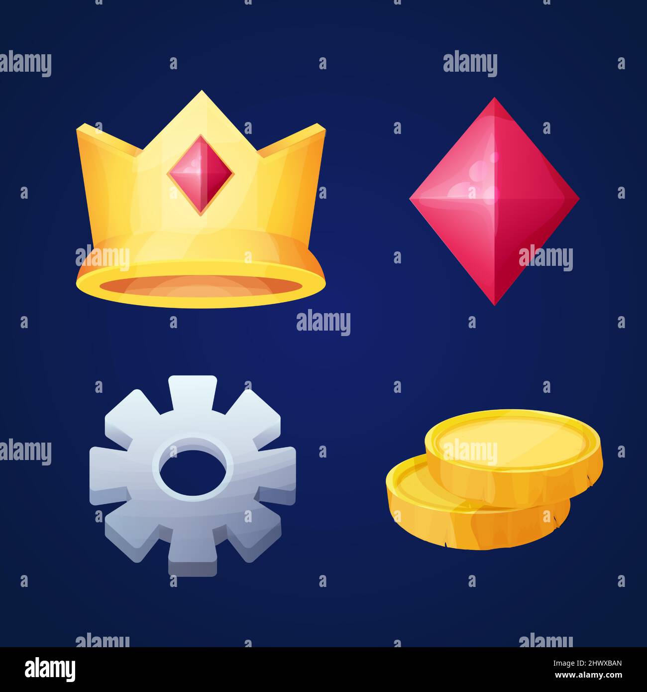 Set game icons medieval golden crown, setting symbol and coins and ...